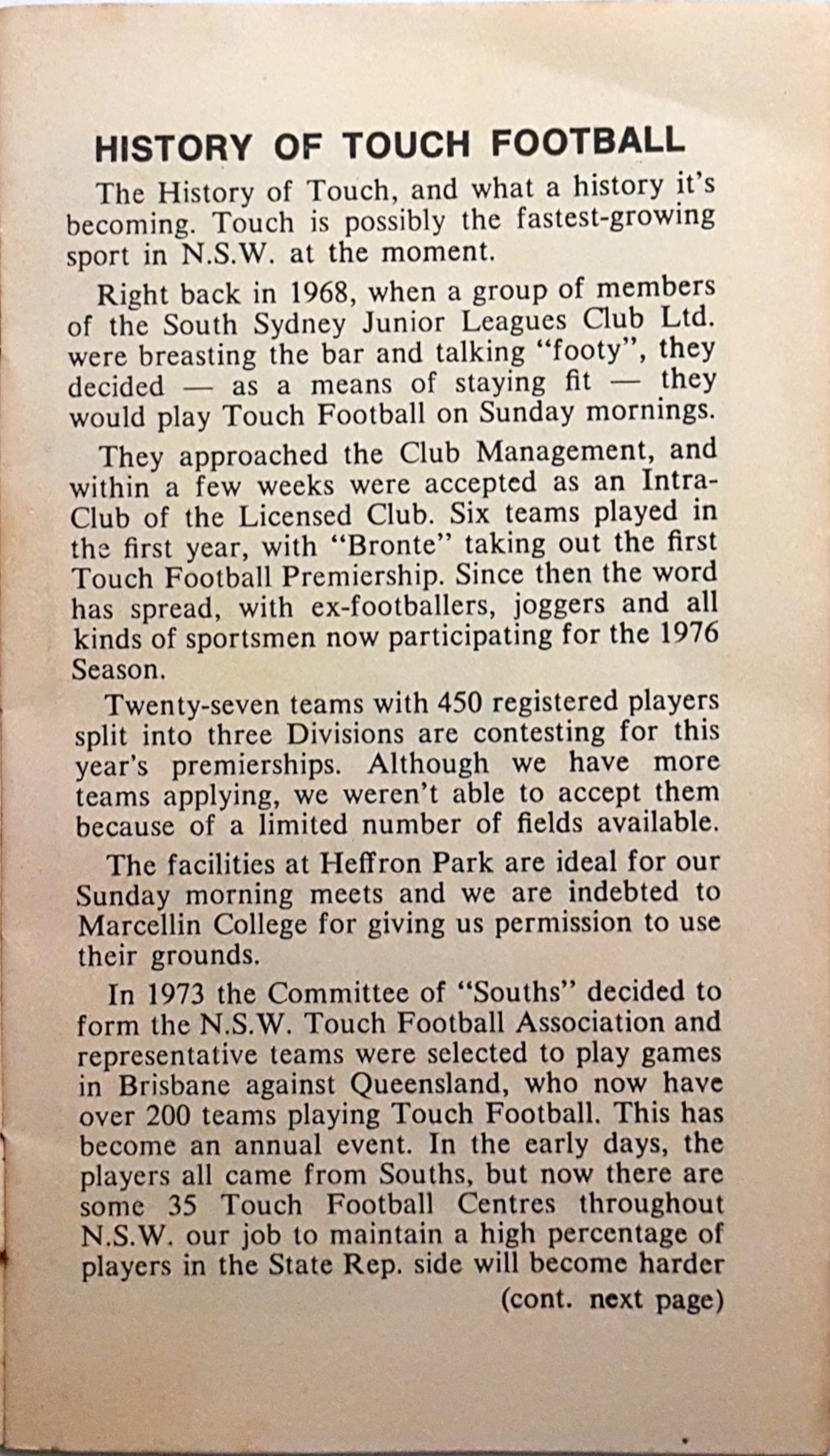 Touch Football History South Sydney Touch Association